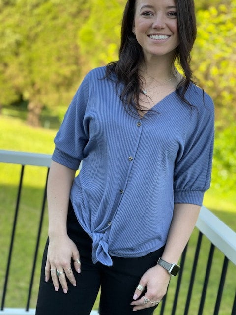 ribbed knit button down top with tie $ 30 . 00